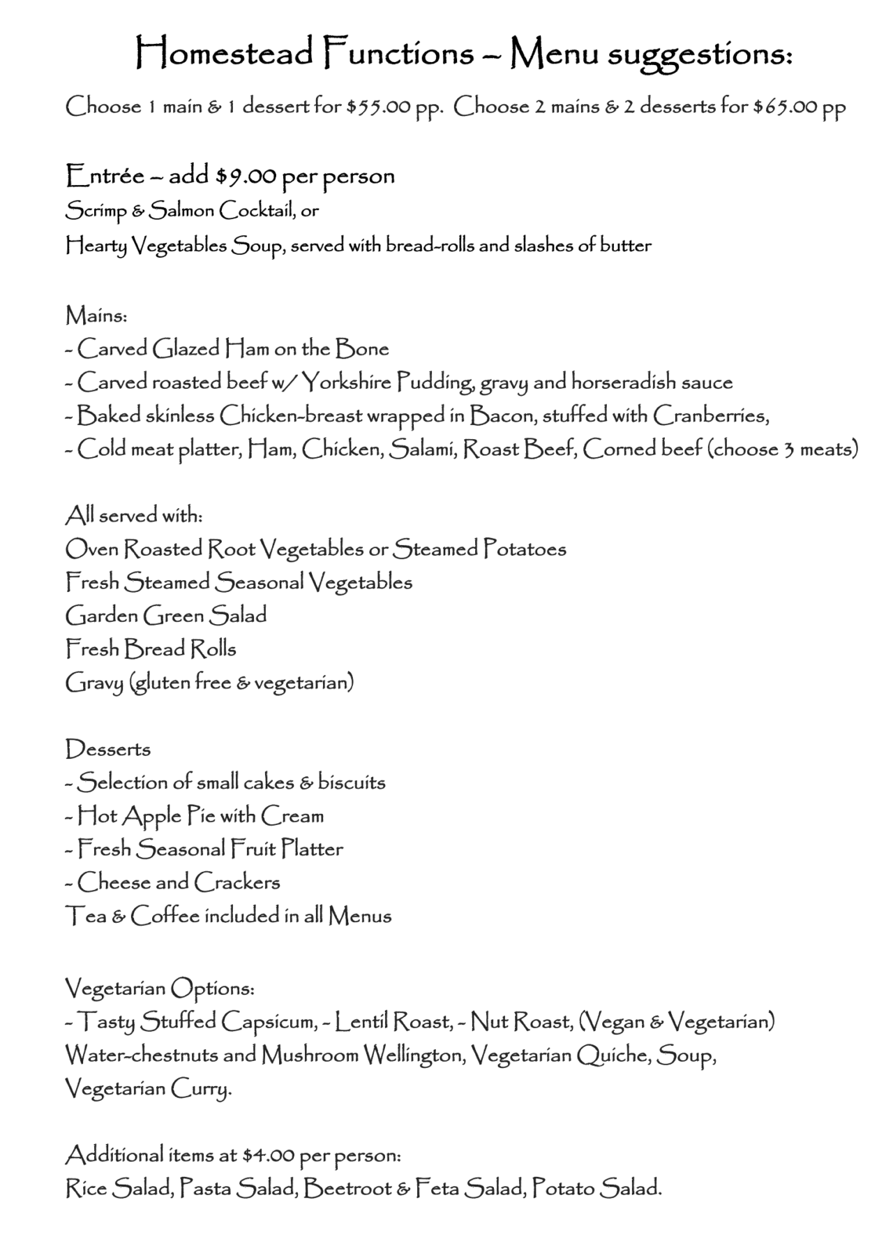 Menus | Bushy Park Homestead